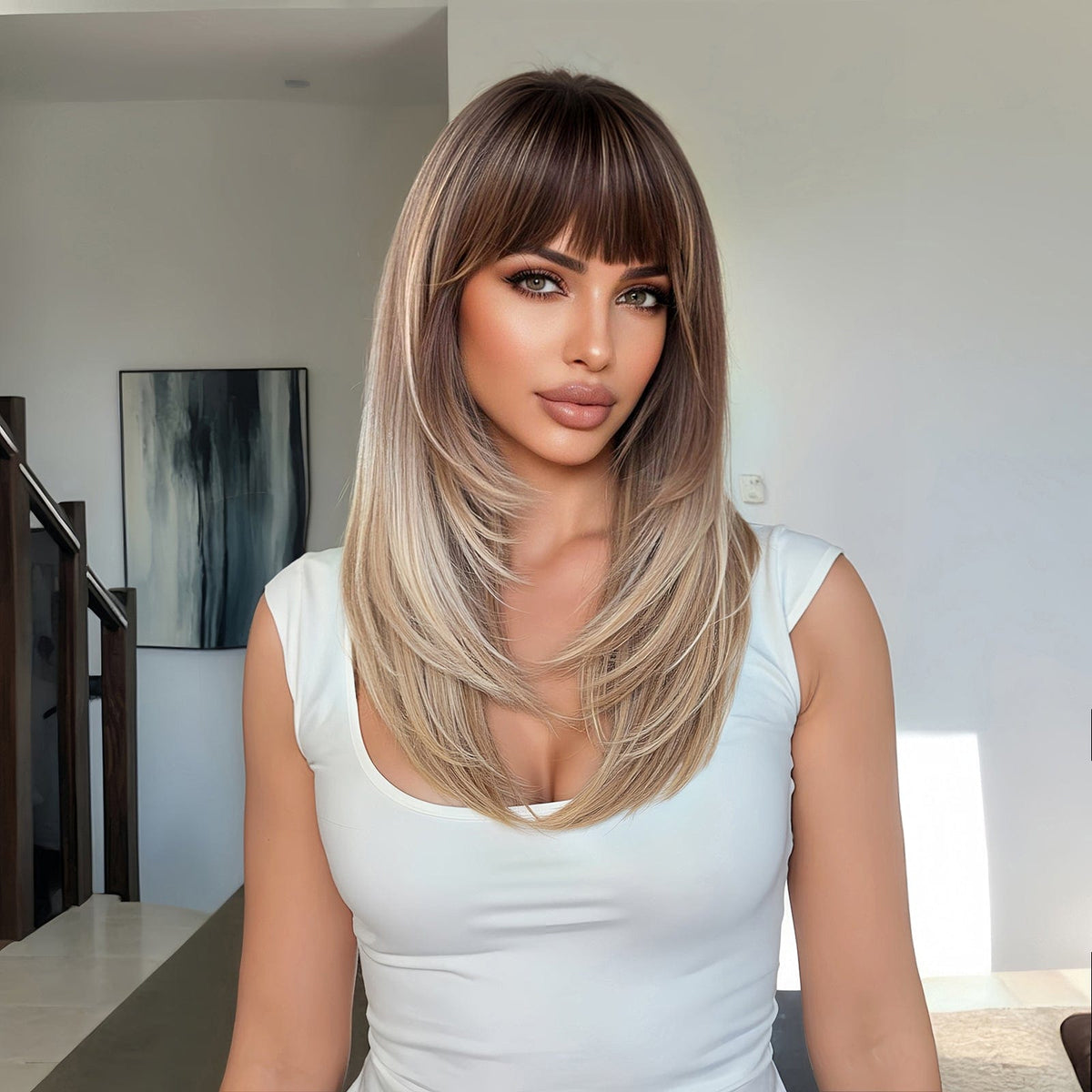 HairCube Ombre Blonde Silk Top Free Parting Layered Cut Synthetic Wig ...