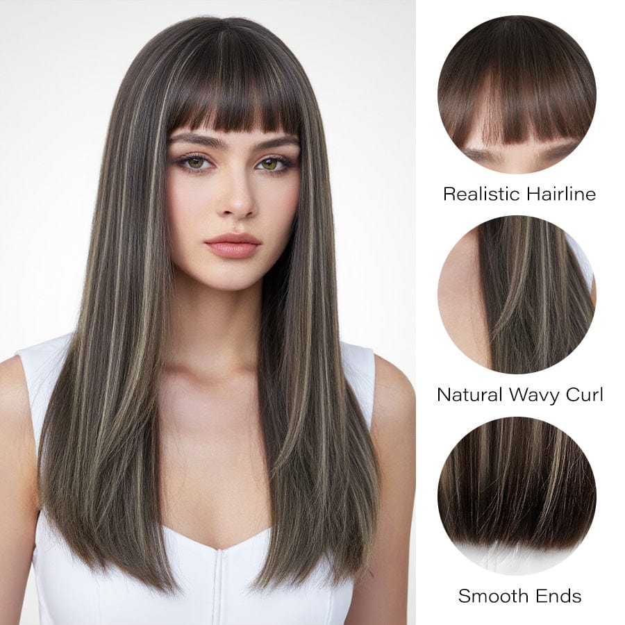 Haircube Chic Brown Sleek Synthetic Wig with Bangs – HAIRCUBE