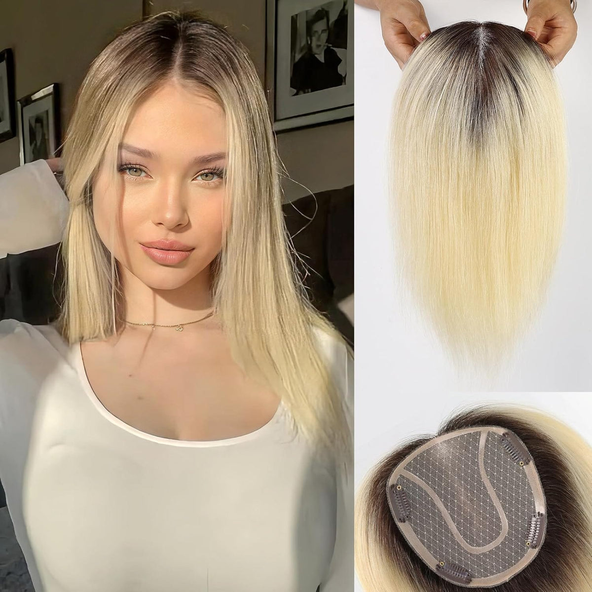 HairCube 100% Human Hair Toppers | Rooted Light Blonde Mono Top Clip-I ...