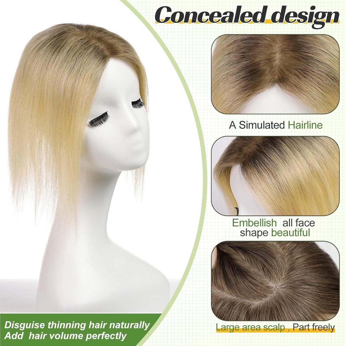 Haircube 12" Human Hair Topper with Dark Roots | Hand-Tied Silk Base ...