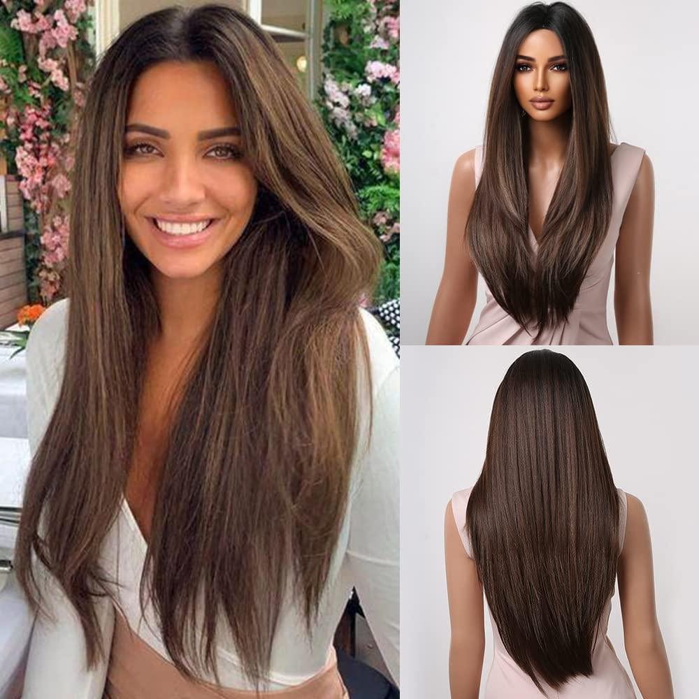 HairCube Elegance: Long Lace Front Wig with Middle Bangs in Rich Brown ...