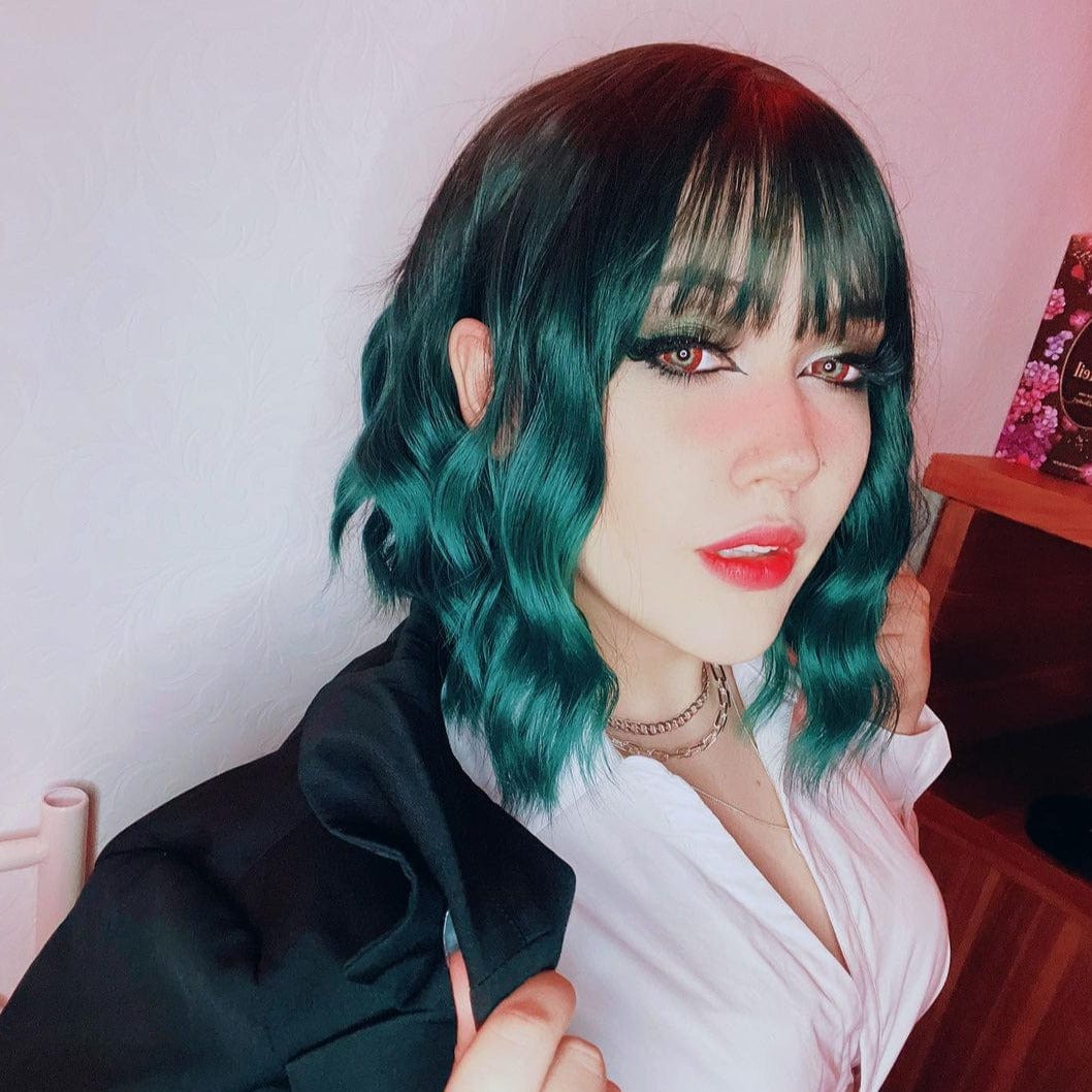 Haircube Dark Green Short Curly Bob Synthetic Wig – HAIRCUBE